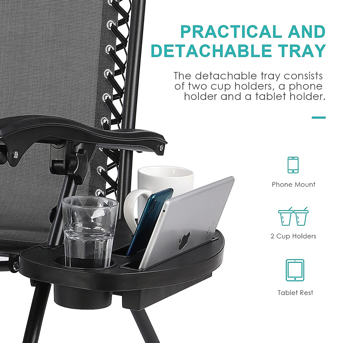 AthLike Outdoor Textilene Zero Gravity Chairs Set, Adjustable & Folding Patio Lawn Reclining Lounge, Anti-Gravity Camping Metal Steel Chair w/Side Table, Cup Holders, Pillows (Black)