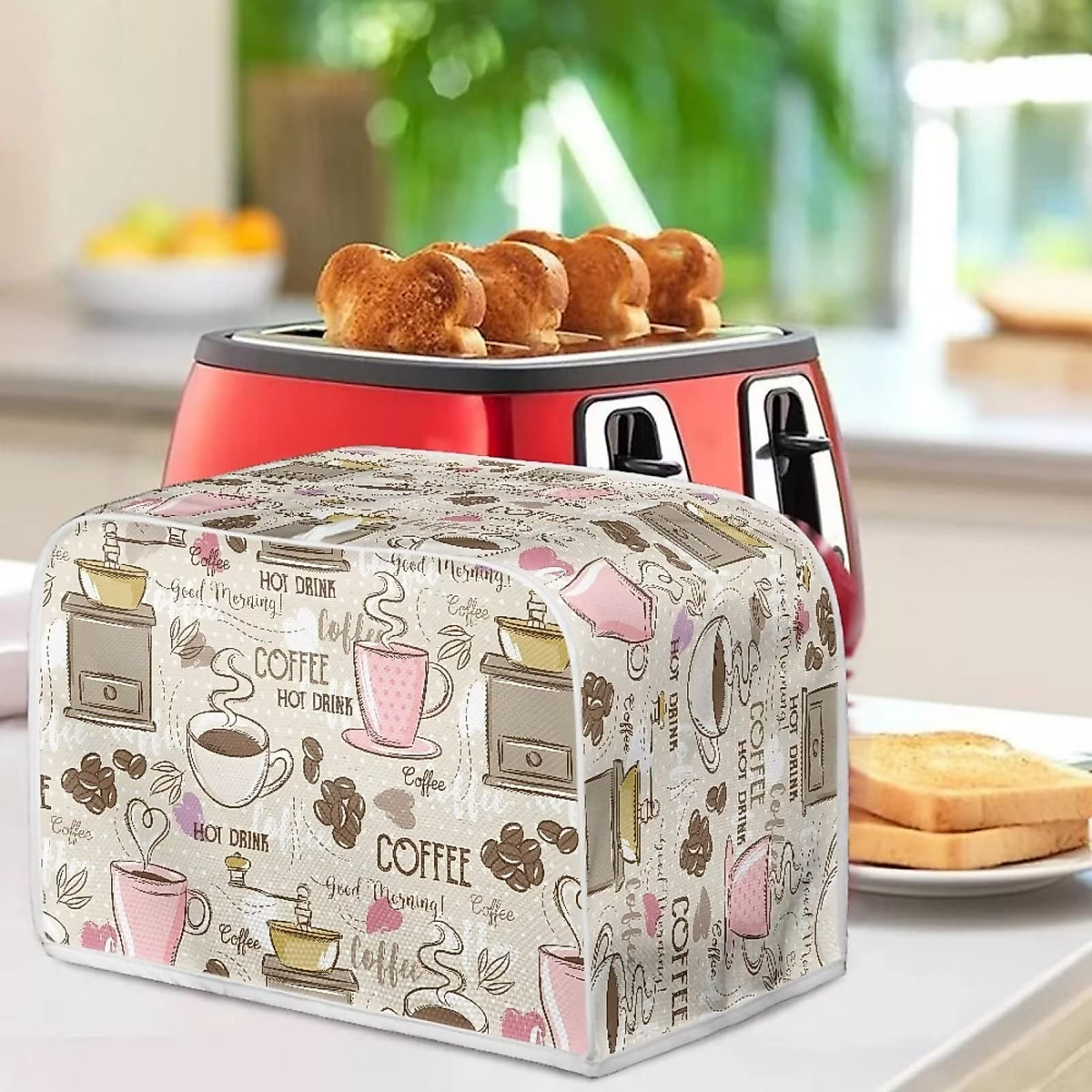Talayituse Coffee Theme 4 Slice Toaster Covers Dust Protection Bread Maker Covers Toaster Oven Cloth Cover Kitchen Accessories Washable Appliance Cover