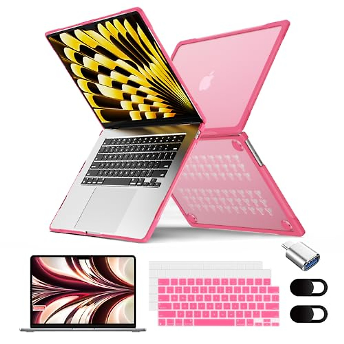 CAMPLALA Shockproof Case for M3 M2 MacBook Air 15 Inch Model A3114 A2941, Shockproof Hard Shell Case Stand & Keyboard Cover & Screen Protector & OTG Adapter & Webcam Cover, Rose