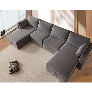 KCHUSAL Modular Sectional Sofa, 4 Seat Deep Sectional Sofa with 2 Storage Ottomans, Oversized Sectional Couches for Living Room - Velvet Dark Gray(130'' W)