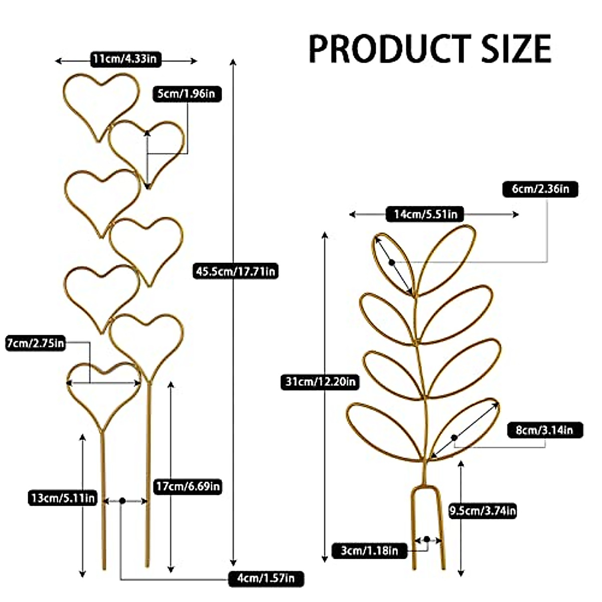 2Pcs Indoor Pot Plant Climbing Garden Trellis Gold Anti-Rust Metal Love Heart and Leaf Shaped Vines Climbing Support Bracket is a Creative Tool Gift for Gardening Lovers