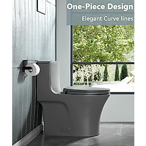 One Piece Toilet Dual Flush Elongated Standard Modern Toilet 1.1/1.6 GPF Soft Close Seat Save Water Powerful & Quiet - Gray, 27.5"D x 14"W x 28.6"H