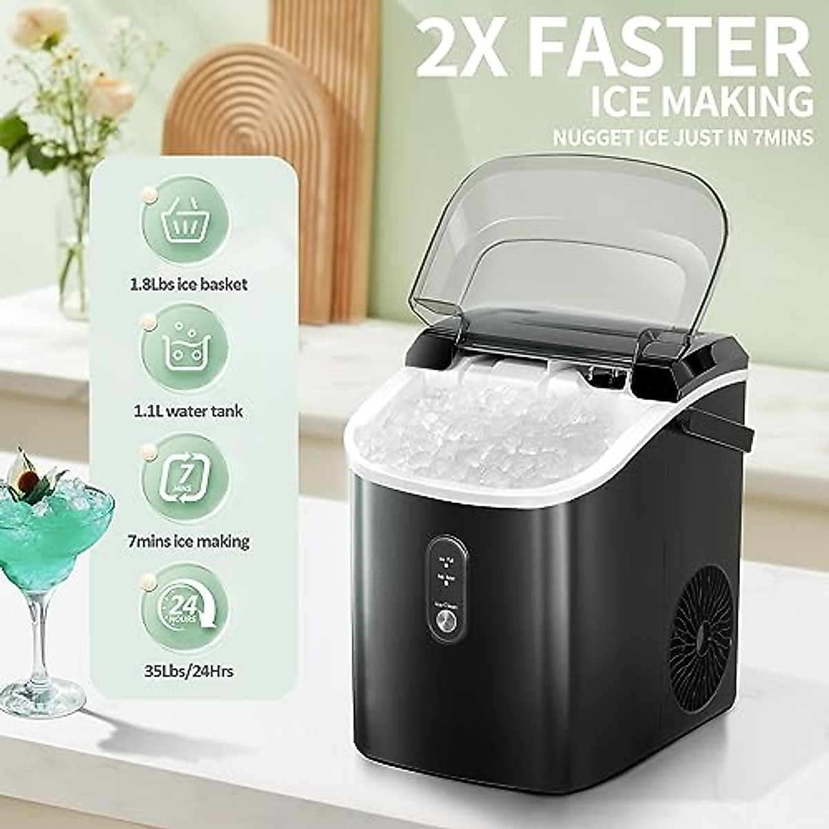Nugget Ice Makers Countertop with Soft Chewable Pellet Ice, Pebble Ice Maker Machine with Self-Cleaning, 35Lbs/24Hrs, One-Click Operation, Ice Basket/Ice Scoop for Kitchen/Office, Black(with Handle)