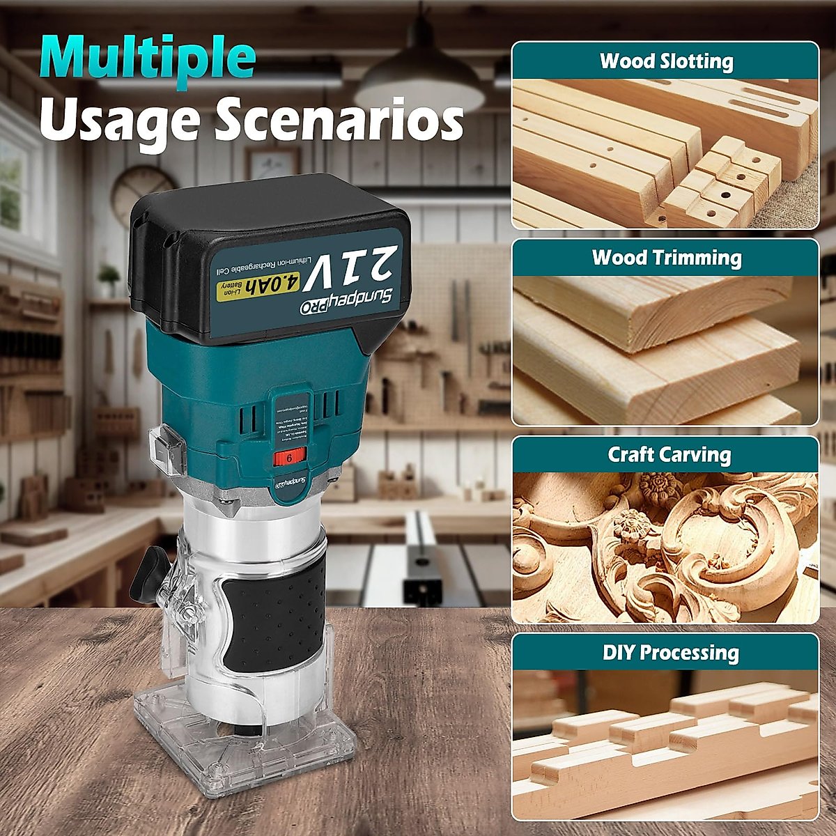 SundpeyPRO Cordless Brushless Router Tool - 21V Compact Wood Router with 2 Pack 4.0Ah Batteries - Handheld Plunge Router Trim Router for Woodworking - 6 Variable Speed & Fixed Base & Edge Guide
