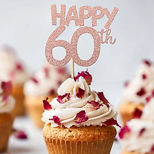 24 PCS Happy 60th Cupcake Toppers Glitter Sixty Cheers to 60 Fabulous Cupcake Picks Number 60 Birthday Cake Decorations for 60th Birthday Wedding Anniversary Retirement Party Supplies Rose Gold