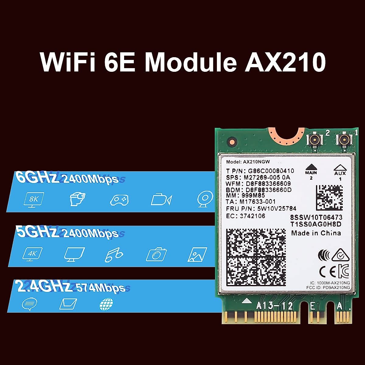 WiFi 6E AX210 NGW Wireless Card M.2 2230/NGFF WiFi 6E Laptop Module with Bluetooth 5.3, 5400Mbps Tri-Band AX210 WiFi Chip Adapter, MU-MIMO, Ultra-Low Latency, Supports Windows 11/10 (64bit)