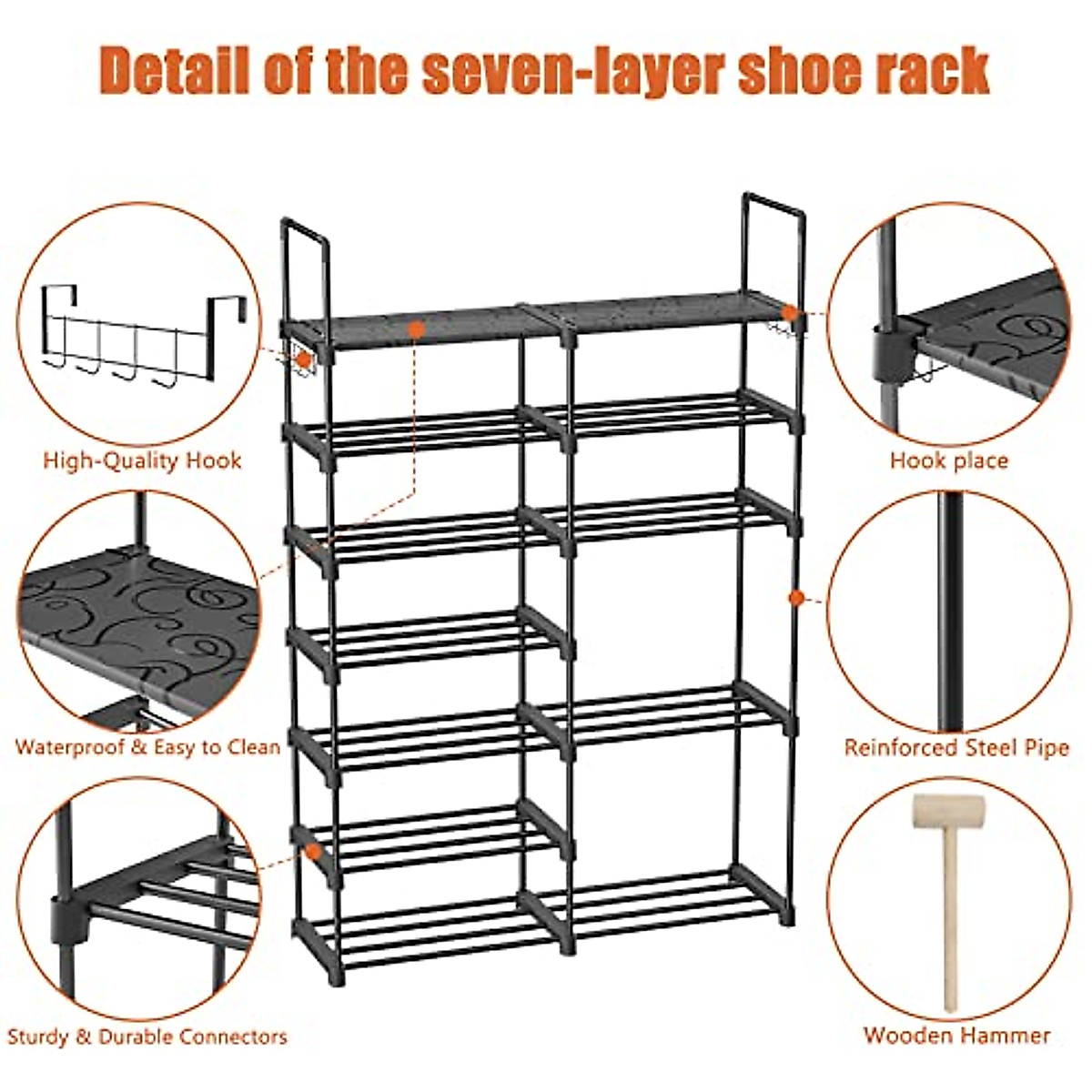 GIMTRR 7 Tiers Metal Shoe Rack, Large Capacity 24-30 Pairs Vertical Shoe Tower, Tall Shoe Storage Organizers, Narrow Shoe Shelf for Entryway, Closet, Garage
