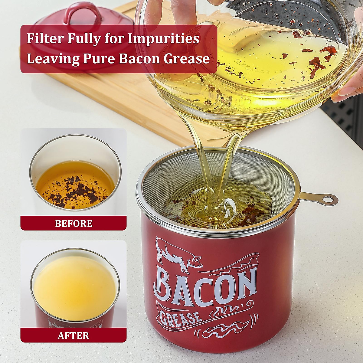 [ Larger Capacity ] Bacon Grease Container with Fine Strainer and Lid - 38 OZ Enamel Bacon Grease Keeper Oil Can for Bacon Fat Dripping - Farmhouse or Kitchen Gift & Decor, Bacon Cooker Accessories
