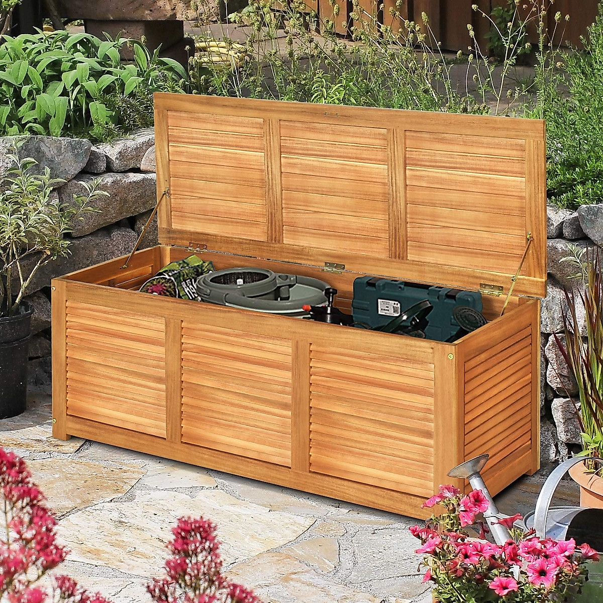 HAPPYGRILL 47 Gallon Acacia Wood Deck Box, Outdoor Storage Box Garden Tools Box Container for Patio Garden Garage