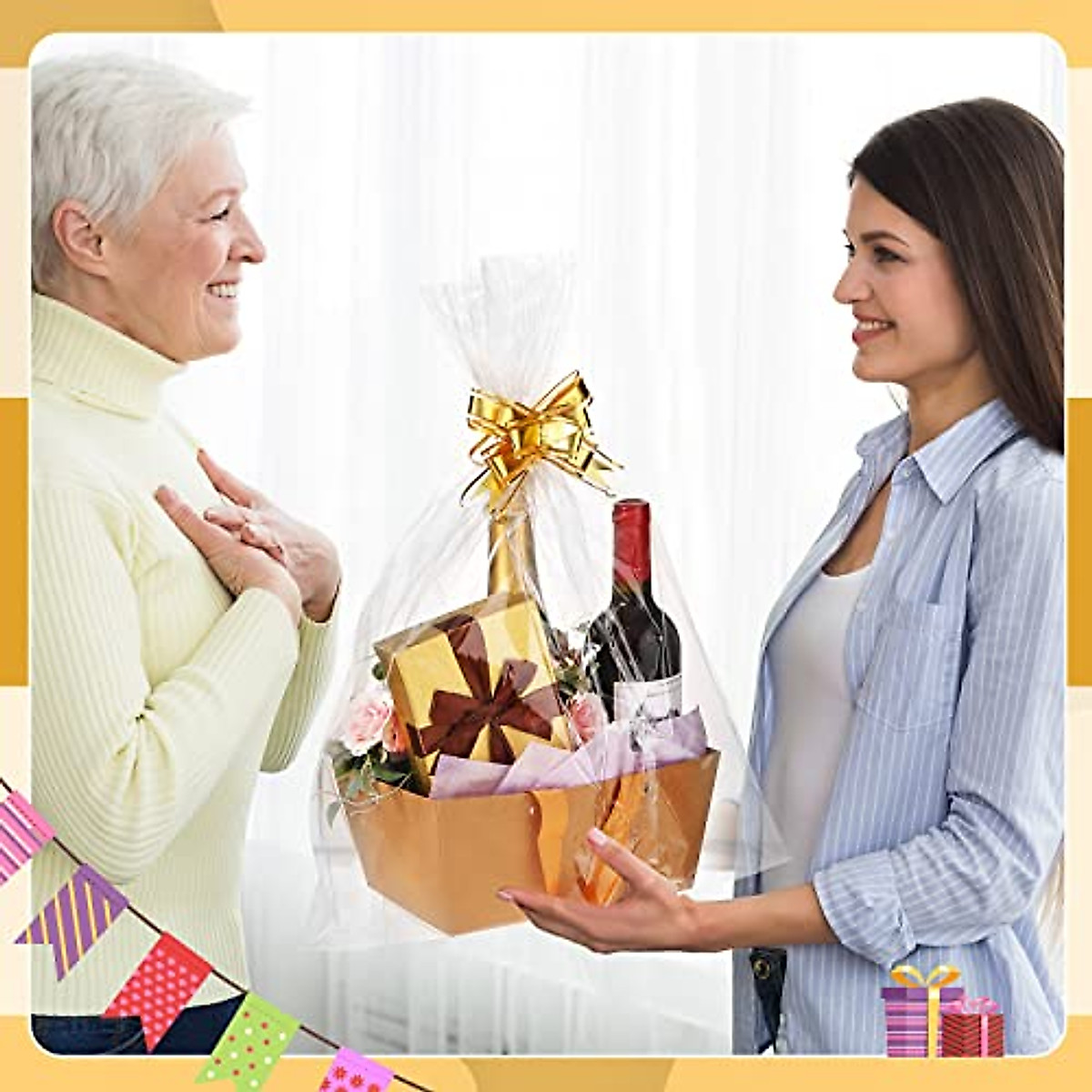 30 Pieces Baskets with Handle for Gifts Empty with Cellophane Basket Bags Tissue Paper Bows Ribbons Bulk Empty Gift Basket with Handles for Graduation Birthday Party Wedding Holiday