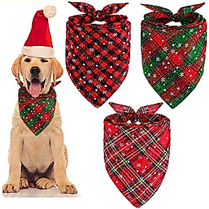 URATOT 3 Pieces Christmas Pet Bandanas Triangle Dog Bibs Kerchief Buffalo Plaid Snowflake Bandanas for Dogs Cats Pets