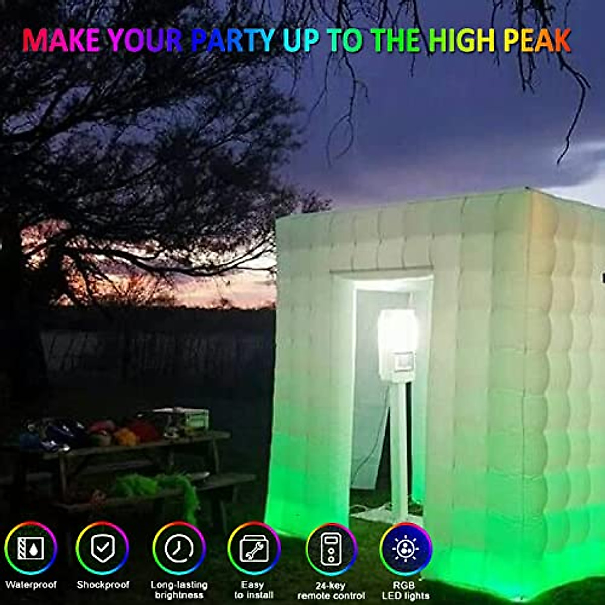 Inflatable Photo Booth Enclosure, 8.2 x 8.2ft Portable 16 Colors LED Dimmable Shooting Photobooth Tent Kit with 2 Doors and Inner Air Blower, Remote Controller, Carry Bag