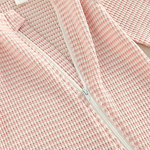 Kuriozud Newborn Baby Girl Striped Sleeper Zipper Footie Romper Ruffle One Piece Outfit Infant Clothes (0-3 Months, Striped Ruffle Pink)