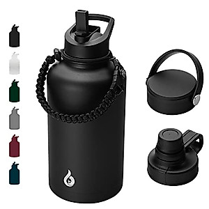 BJPKPK Half Gallon Insulated Water Bottles with Straw Lid,64oz Large Water Bottle,Stainless Steel Water Bottles with 3 Lids and Paracord Handle, Water Bottle for Hot & Cold Liquid, Black