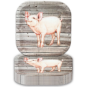 Havercamp Pig 9” Plates on Barnwood (24 pcs.)! Authentic and Cute Pig on a Rustic Barnwood Background. 24 Lg. 9 in. Square Dinner Plates. Pair with the Farm Table Collection!