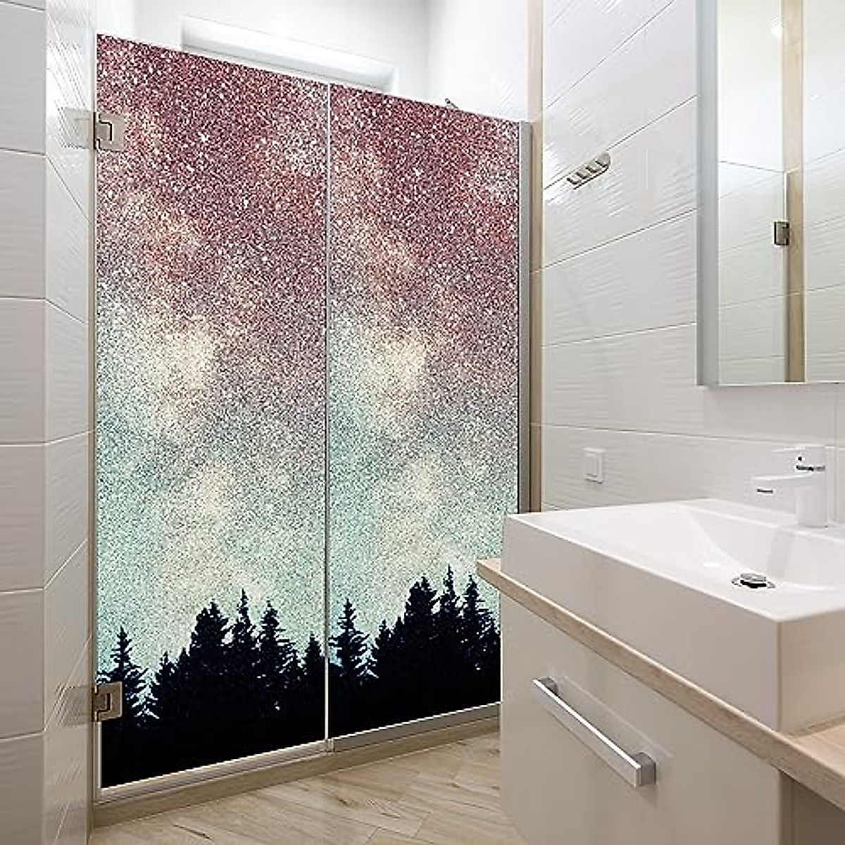 IOACIY Privacy Window Film Frosted Glass Sticker for Home Office Static Anti-UV Window Paper Decorative Window Covering for Bathroom (Universe Outer Space Starry Sky Red Blue-226, 17.7" x 23.6")