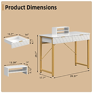 WESTREE Modern Makeup Vanity Desk with Glossy Desktop,Bedroom Home Office Writing Desk with Drawers, Storage Shelf, Gold Metal Frame for Dressing Table Without Mirror