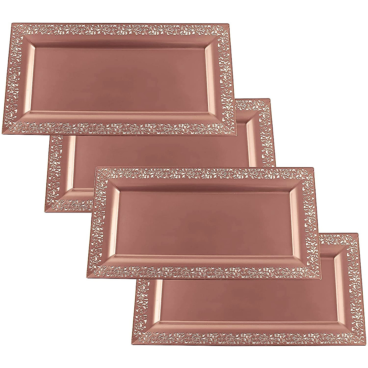 4 (pk) Yumchikel 14" x 7.5" Rose Gold Lace Rim Plastic Serving Trays & Platters | Heavy Duty Disposable Decorative Dessert Tray - Party Platters for Upscale Parties Weddings Brand: Yumchikel