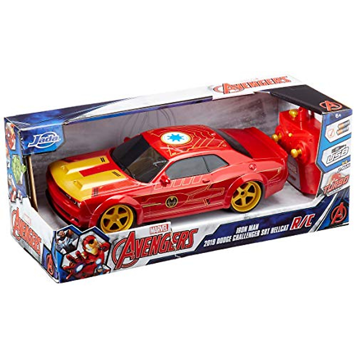 Jada Toys Marvel 1:16 Iron Man 2019 Dodge Challenger SRT Hellcat RC Remote Control Car 2.4GHz, Toys for Kids and Adults, Red