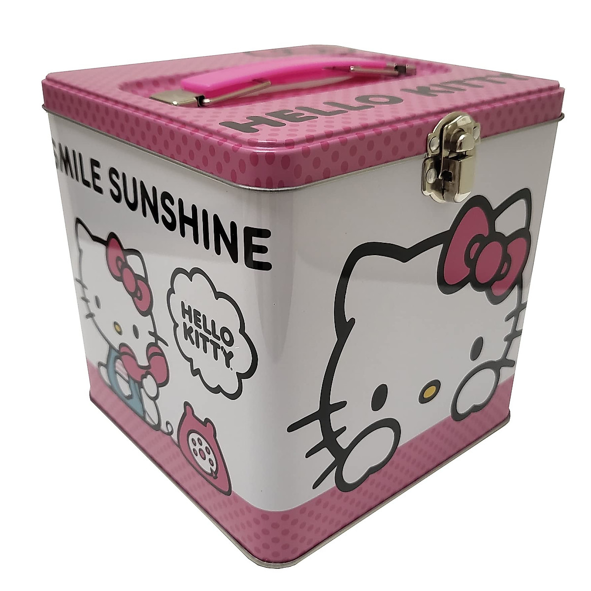 The Tin Box Company Hello Kitty Stack Store and Carry Tin. Stackable Tin Box with Handle,Pink and White, Storage Box, 5.75" Height, Clasp and Hinge on Lid