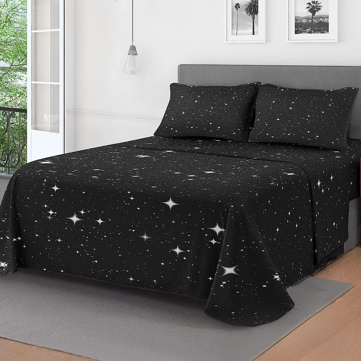 Pamnest 4 Pieces Queen Size Bed Sheet Sets, Space Starry Deep Soft Microfiber Bedding Sets for Kids and Adults Bedroom Bed Decor, Black Star Sky Flat Sheet, Fitted Sheet and 2 Pillowcases