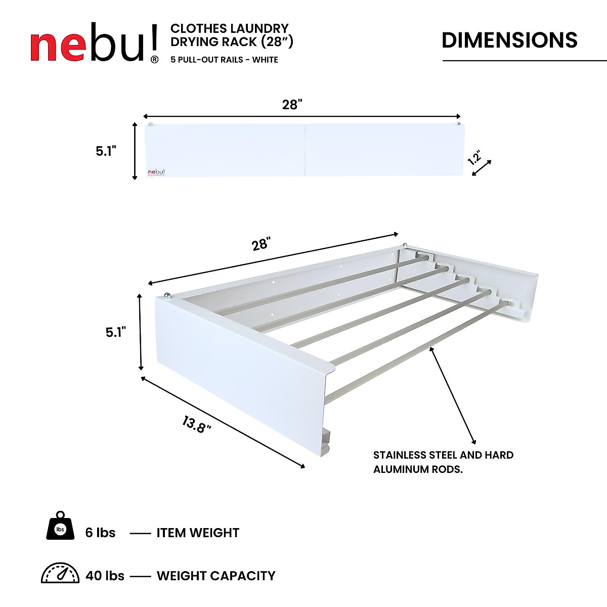 NEBU Clothes Laundry Drying Rack 28”- an Elegant Wall-Mounted Hanger, Folding Stainless Steel Collapsible, Space Saver with 12 Linear feet, Drying Capacity 27lbs