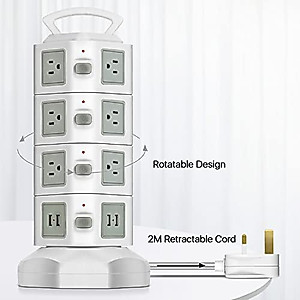 TNP Power Strip Tower Surge Protector - Tower Power Strip with 14 AC Outlets & 4 USB Ports - 2500W/10A - 6ft Cord - USB Plug Tower for Home, Office, Bedroom, Work Desk