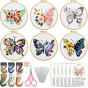 6 Set Butterfly Embroidery Kit Butterfly and Flower Cross Stitch Set Embroidery Kits for Adults with Patterns Instructions Embroidery Hoops Threads Needles Scissor Needle Threader for Beginners
