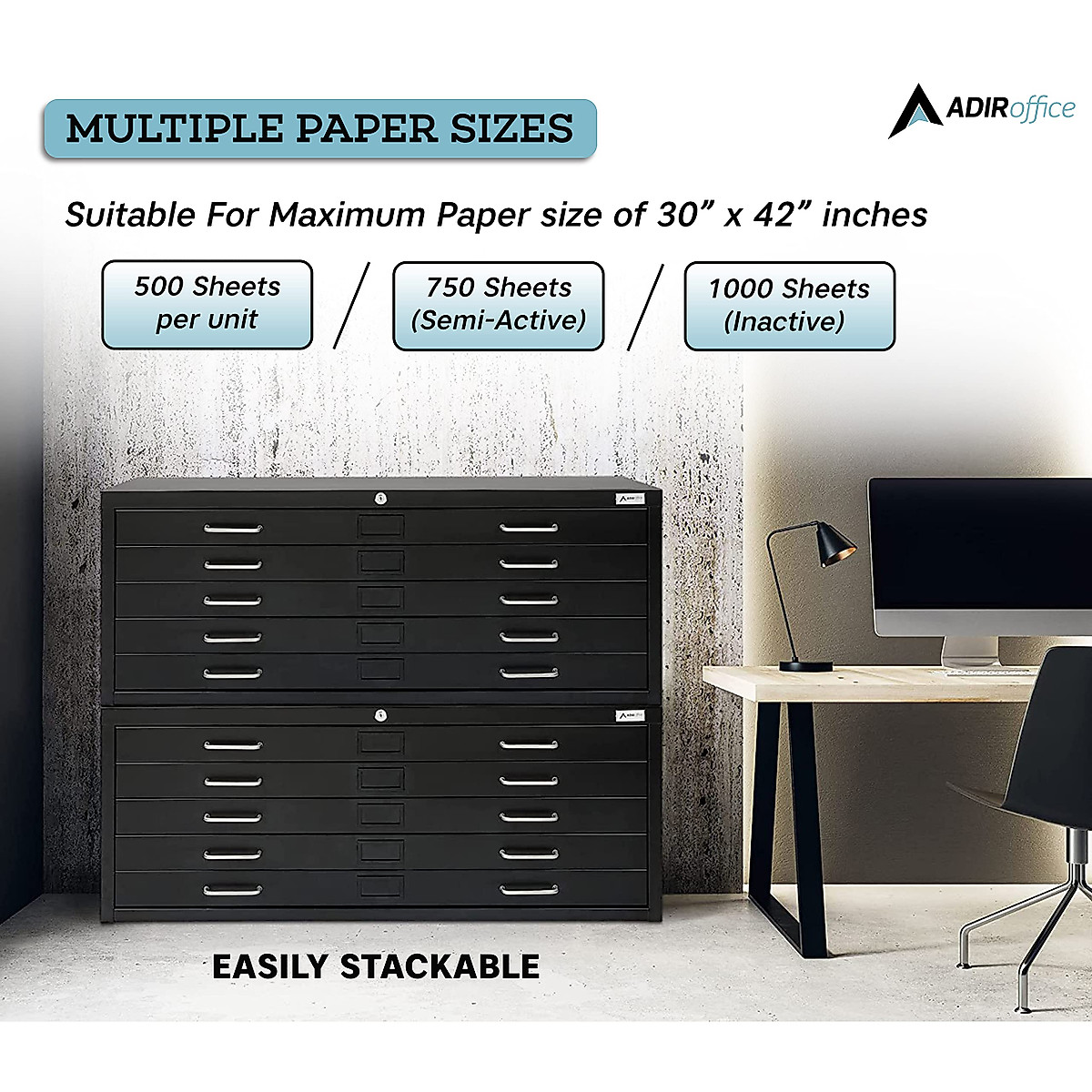 AdirOffice Flat File Cabinet - Heavy Duty 5-Drawer Blueprint Sheets Storage, 35" x 46" Great for Documents Sized 30” x 42”, Ideal for Artists, Art Files, Engineers, Architects, Offices - Black