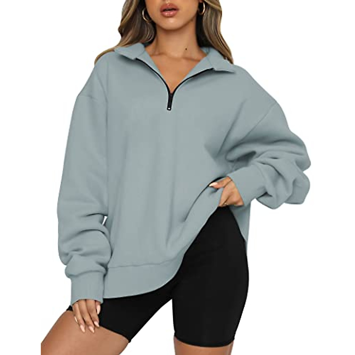 Trendy Queen Womens Oversized Half Zip Pullover Long Sleeve Sweatshirts Quarter Zip Hoodies Sweaters Teen Girls Fall Y2K Clothes Lightgreen