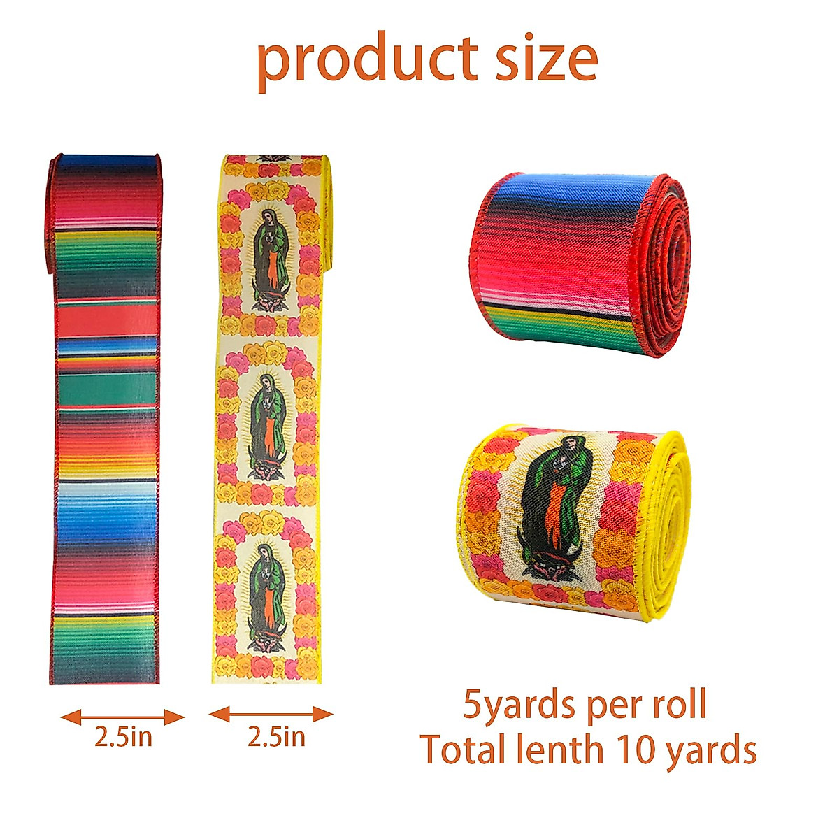 HIENAJ 2 Rolls 2.5 Inches 10Yards Mexican Cinco de Mayo Fiesta Ribbons Mexican Fabric Ribbons Serape Virgin Mary Ribbon for Mexican Fiesta Gift Wrapping Outdoor Hanging Party Decoration Supplies