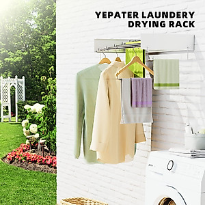YEPATER Wall Mounted Clothes Drying Rack, Collapsible Drying Racks for Laundry Bathroom, 5 Stainless Steel Rods, 60 lb Capacity, with Wall Template Screwdriver Bit, Drill Bit, White,40 in