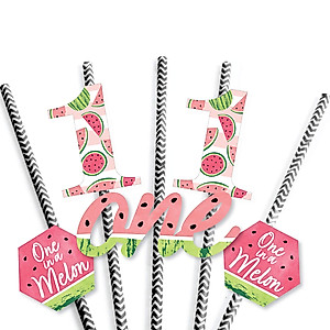 Big Dot of Happiness 1st Birthday One in a Melon - Paper Straw Decor - Fruit First Birthday Party Striped Decorative Straws - Set of 24