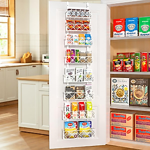 Over the Door Pantry Organizer 8-Tier Adjustable Baskets Hanging Spice Door Rack Narrow - 13.78" W x 65.16" H Behind the Door Storage for Kitchen, Bathroom, and Closet Organization-White