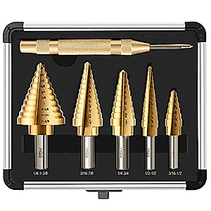 GMTOOLS 6 Pcs Step Drill Bit Set, High Speed Steel Unibit Drill Bits, Stepped Up Bits & Automatic Center Punch for Sheet Metal, DIY Lovers with Aluminum Caes, Total 50 Sizes for Multiple Hole