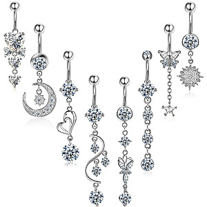 8 Pieces 14G Belly Button Rings Steel Long Dangle Navel Ring CZ Body Piercing Jewelry (Silver)