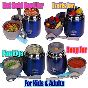 NicePix Insulated Stainless Steel Metal Food Jar with Travel Bag, Foldable Steel Spoon, Bowl. Leak proof wide mouth Insulated Steel Vacuum Food Jar for travel work