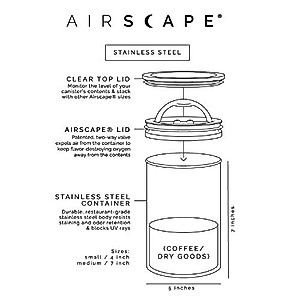 Planetary Design Airscape Stainless Steel Coffee Canister | Food Storage Container | Patented Airtight Lid | Push Out Excess Air Preserve Food Freshness (Small, Obsidian)