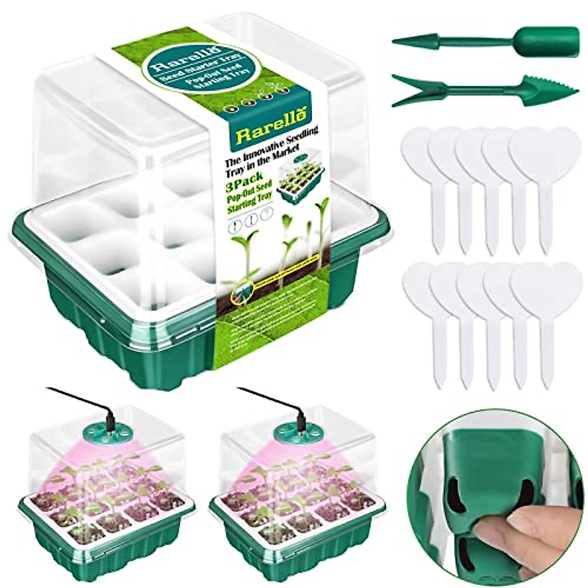 Rarello 3 Packs Seed Starter Tray with Grow Light,Reusable Pop-Out Seed Starter Kit,36 Cells Seedling Starter Trays with Humidity Domes,Indoor Gardening Plant Germination Trays for Seeds Starting
