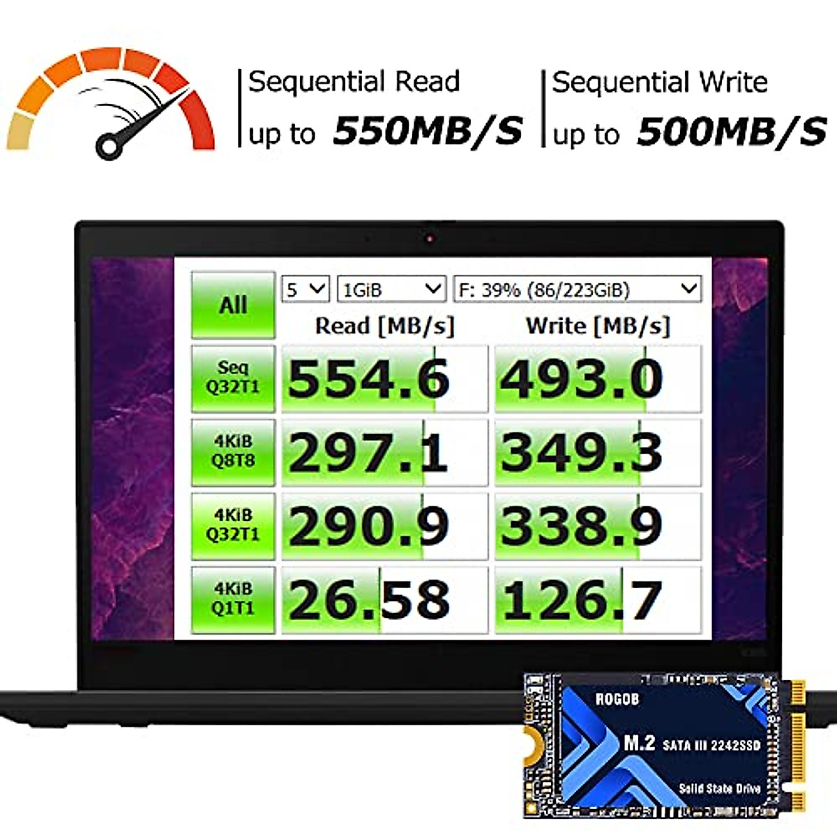 ROGOB 256GB M.2 SATA SSD 2242 NGFF B&M Key Internal Solid State Drive 6Gb/s for Desktop Laptop PC