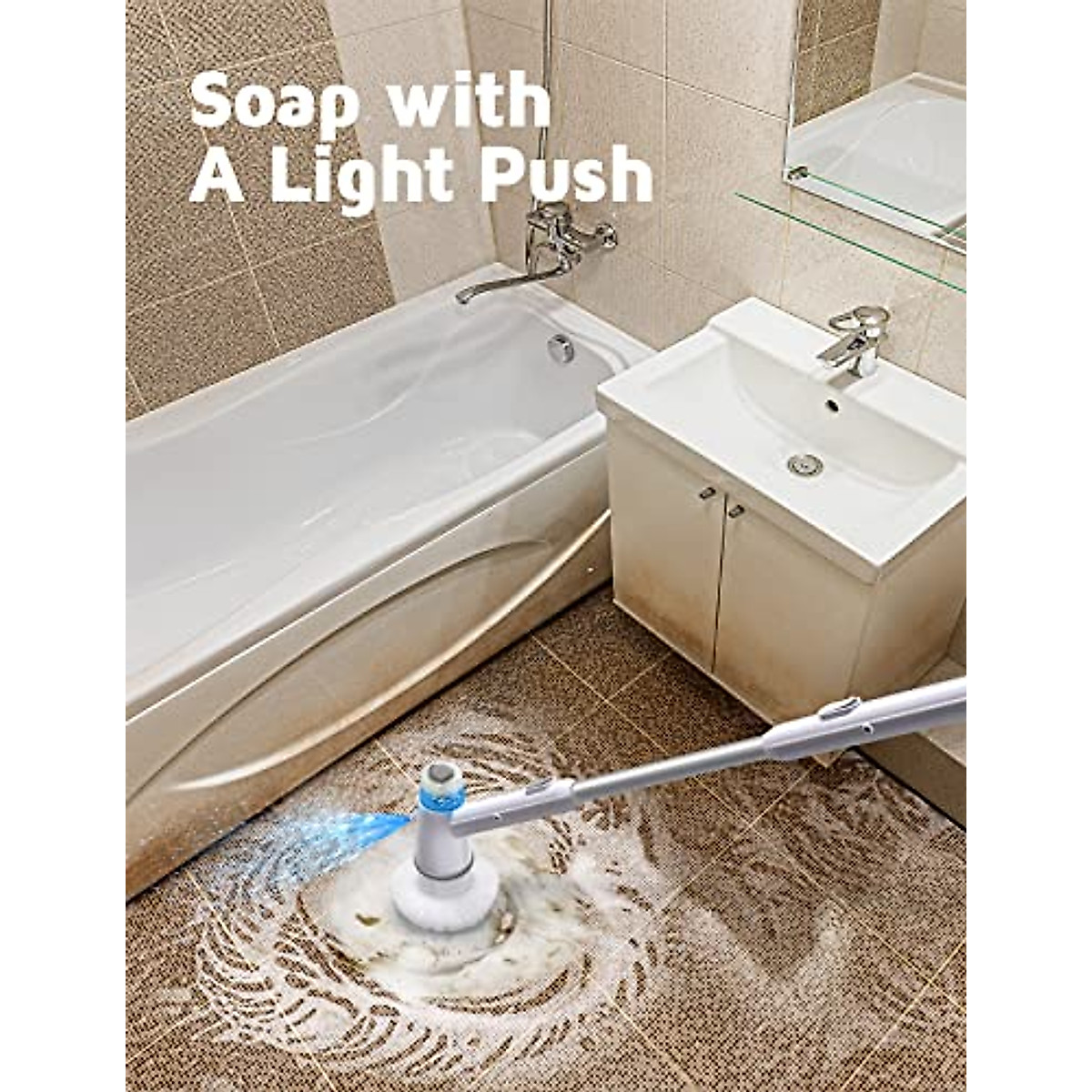 Hivita Electric Spin Scrubber, Cleaning Brush with Soap Dispenser, Cordless Rechargeable Electric Spin Scrubber with 50ml Detachable Water Tank, Extension Handle and 4 Brush Heads for Tub Floor Tile