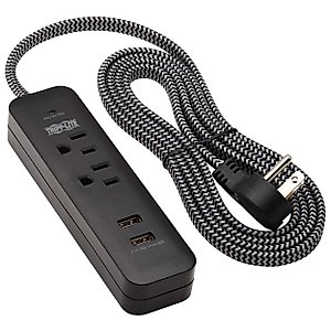 Tripp Lite Surge Protector Power Strip 2-Outlet w 2 USB Ports 2.1A 6ft Cord, 5-15P Plug, 450 Joules, Black (TLP206USB)