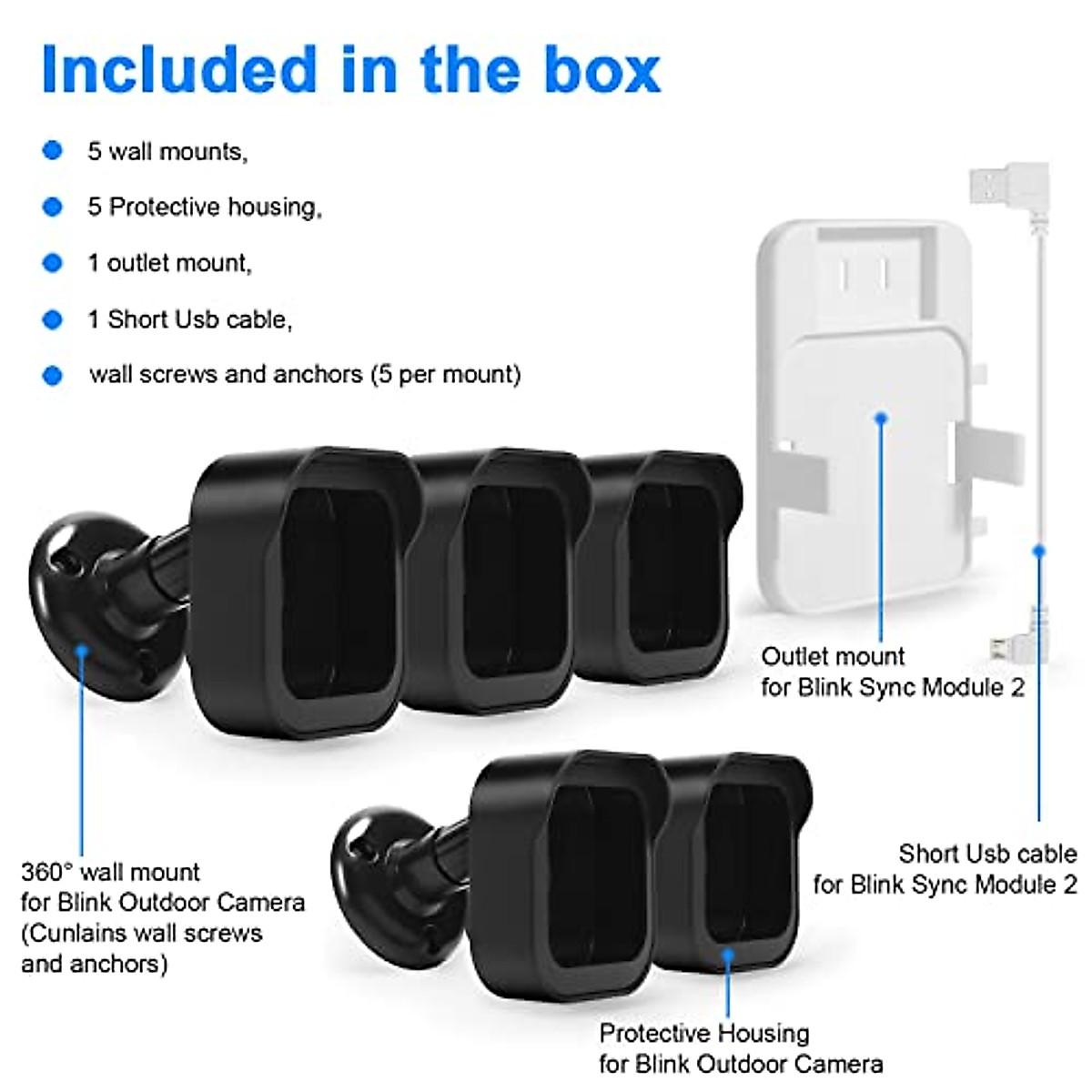 All-New Blink Outdoor Camera Wall Mount, Weatherproof Protective Housing and 360 Degree Adjustable Mount with Blink Sync Module 2 Mount for Blink Outdoor Security Camera System (Black 5Pack)