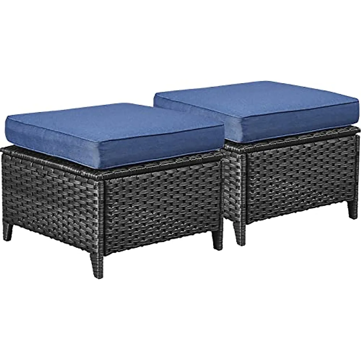 Outdoor Furniture Ottoman Set of 2 Patio Seating Footstool All-Weather Rattan Wicker Ottoman Seat with Soft Cushions for Patio Furniture Set