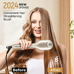 Hair Straightener Brush Ceramic | Negative Ionic Ring Straightening Comb | Natural Hairstyles Heat Brush Dual Voltage Fast Heat-Up with Dense Bristles, 4 Temps, Anti-Scald & Auto-Off
