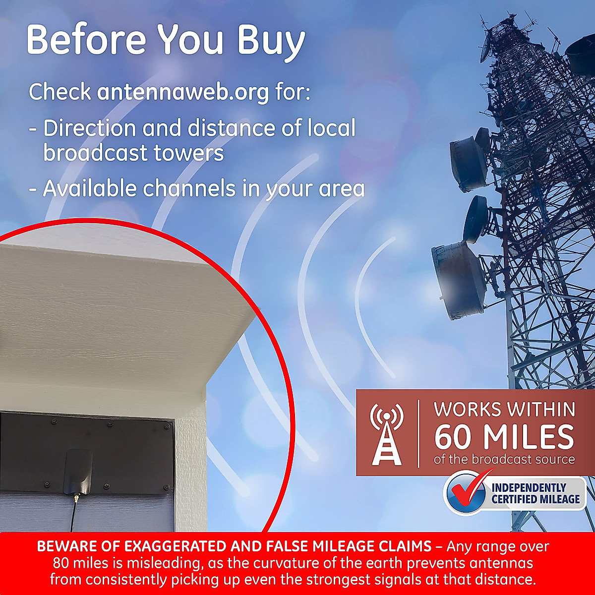 GE Digital Outdoor HD TV Antenna, Weatherproof Long-Range, Supports 4K 1080p UHF VHF NextGen TV ATSC3.0, Flat Low-Profile Design, Black, 54083