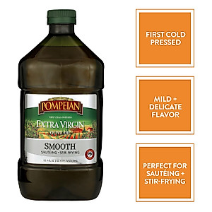 Pompeian Smooth Extra Virgin Olive Oil, Contains Polyphenols, First Cold Pressed, Mild & Delicate Flavor, Perfect for Sauteing & Stir-Frying, Naturally Gluten-Free, Non-GMO, 101 Fl Oz, Single Bottle