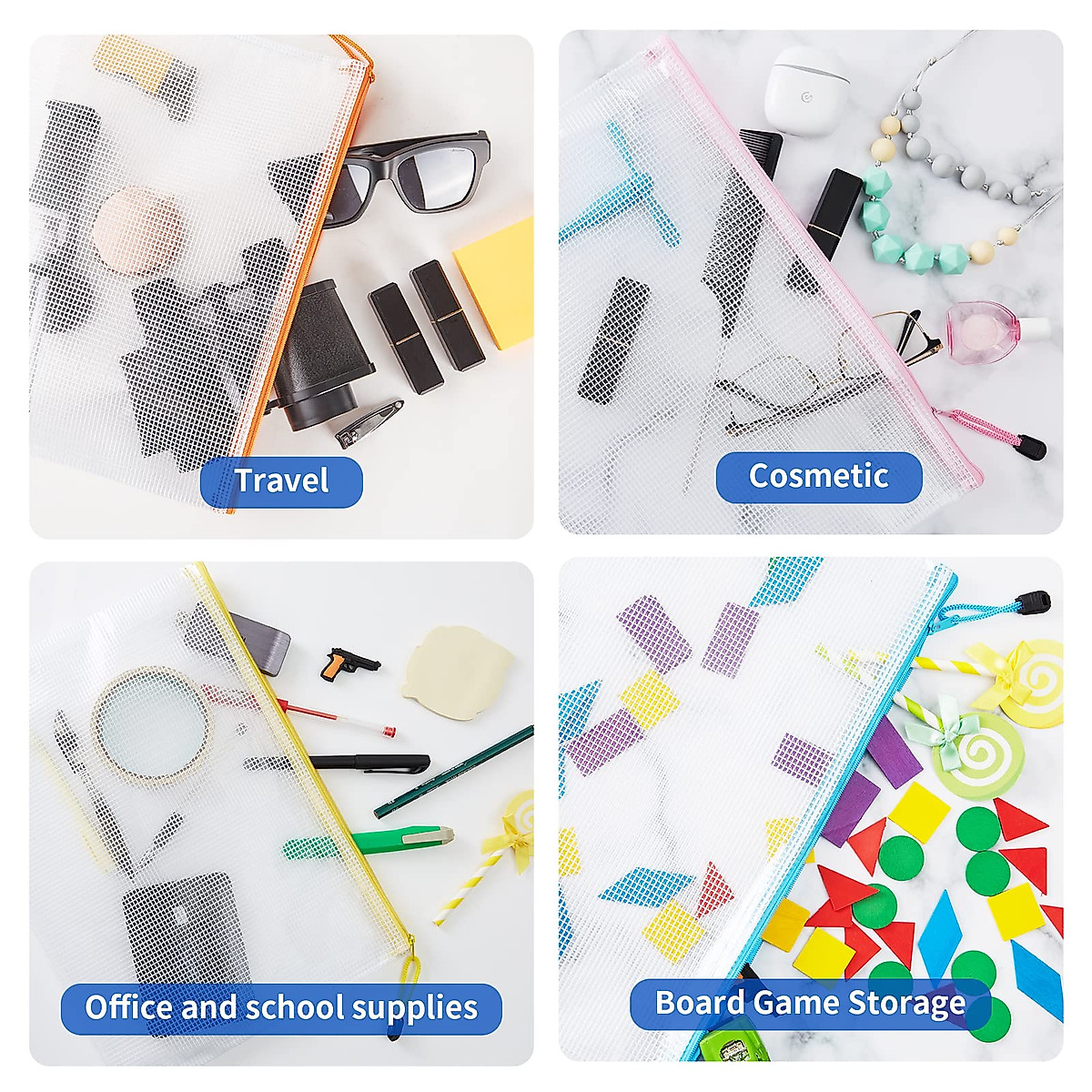 Sciluvi 20pcs Mesh Zipper Pouch, 5 Sizes Zipper Bags for School and Office Supplies, Durable Pouchesfor Organizing Storage, Puzzle Bags for Board Games Storage