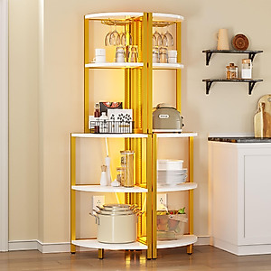 YITAHOME Corner Shelf with Power Outlets & LED Lights & Glass Holder, 5 Tier Corner Bar Rack, Corner Storage Cabinet Display Shelves for Living Room, Dining Room, Kitchen, Gold