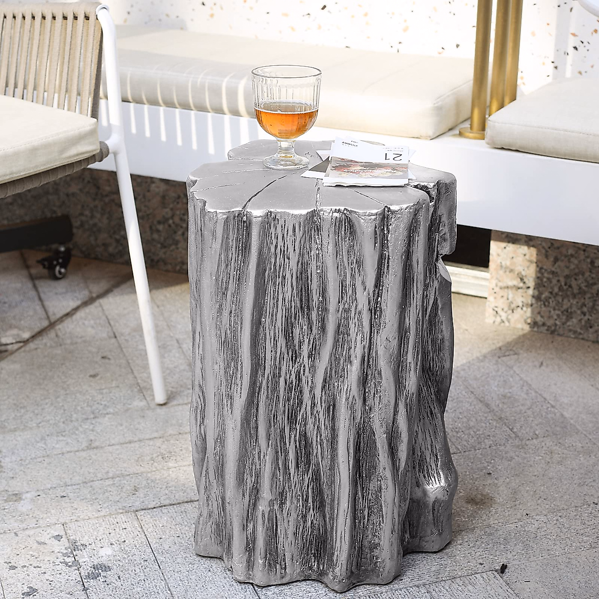 Tree Stump Trunk Side End Table, Faux Wood Patio Table, Garden Stool, Plant Stand, for Indoor Outdoor Courtyard Living Room, 14"X14"X20", Silver